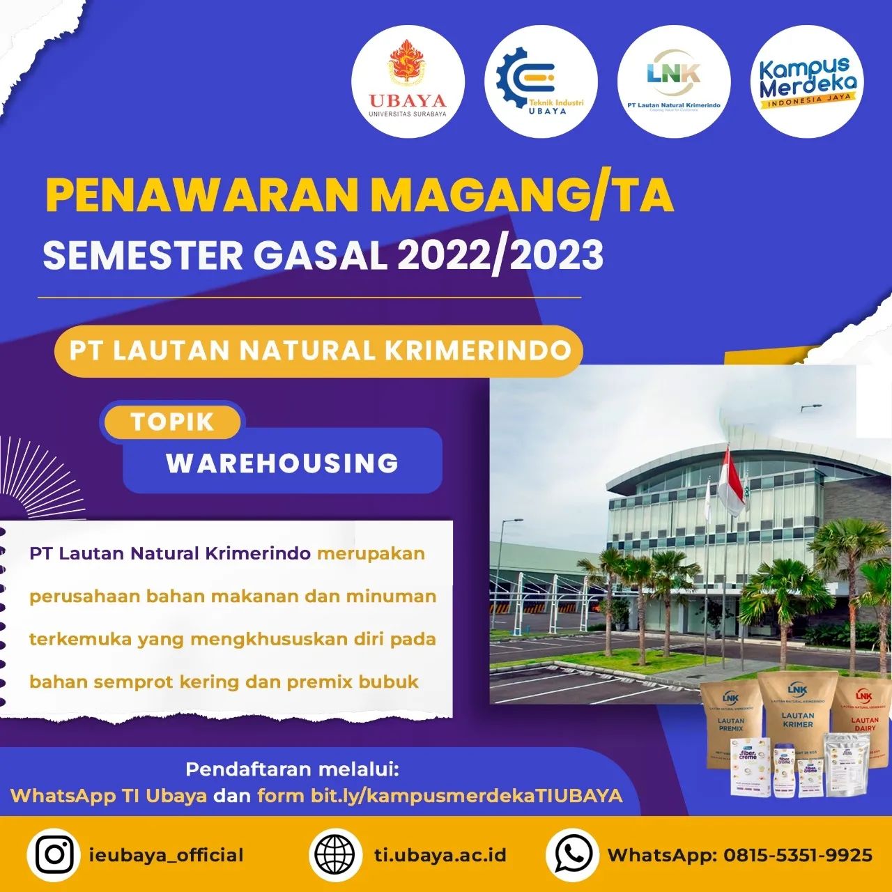 Penawaran Magang PT Lautan Natural Krimerindo – Warehouse – MBKM Universitas Surabaya
